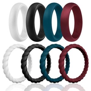 roq silicone rubber wedding ring for women, thin braided point stackable rubber silicone wedding band, bridal jewelry set, 2.55mm wide 2mm thick, 8 pack, black, white, bordeaux, dark blue, size 5