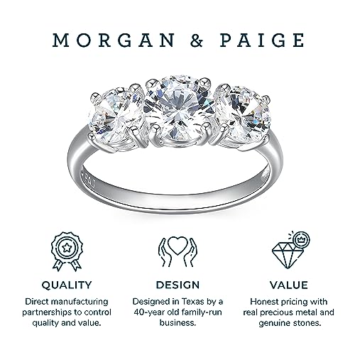 MORGAN & PAIGE Round Cut Cubic Zirconia Ring - Prong-Set Three Stone Engagement Ring/Promise Rings For Women With Real 925 Sterling Silver Band - Size 6