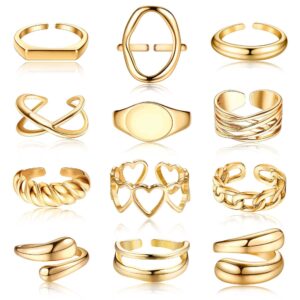 fibo steel 12pcs gold dome chunky rings for women, 18k gold plated croissant, braided twisted, stacking round signet, adjustable open styles (gold)