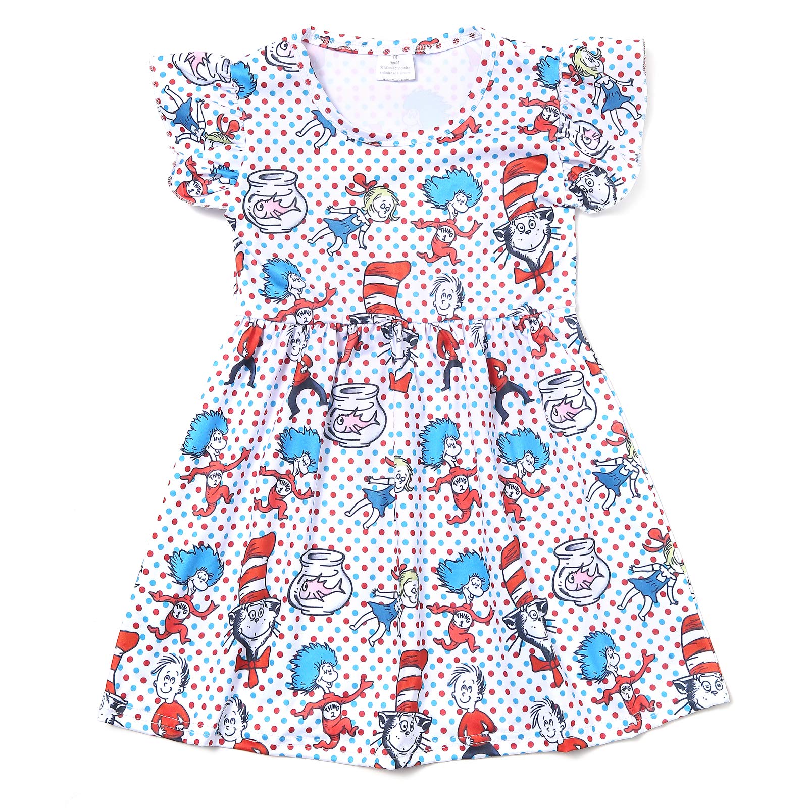 Toddler Girls Cat Pattern Dress Cartoon Twirl Dress Flutter Sleeve Clothes 6-7Y