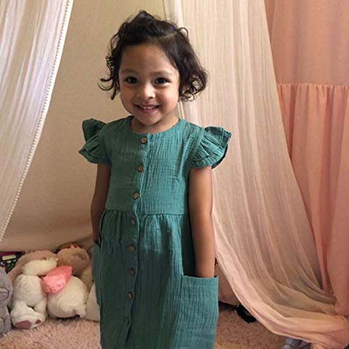 PATPAT Toddler Baby Girl Dress Summer Cotton Linen Dress Ruffle Sleeveless Casual Boho Outfits 5-6 Years Turquoise