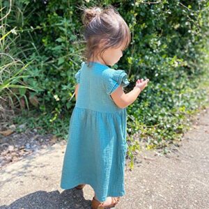 PATPAT Toddler Baby Girl Dress Summer Cotton Linen Dress Ruffle Sleeveless Casual Boho Outfits 5-6 Years Turquoise