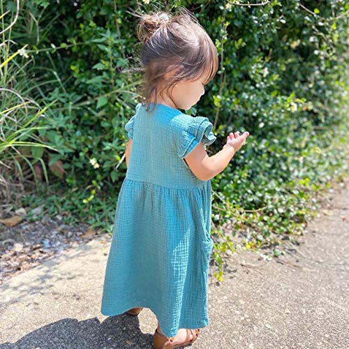 PATPAT Toddler Baby Girl Dress Summer Cotton Linen Dress Ruffle Sleeveless Casual Boho Outfits 5-6 Years Turquoise