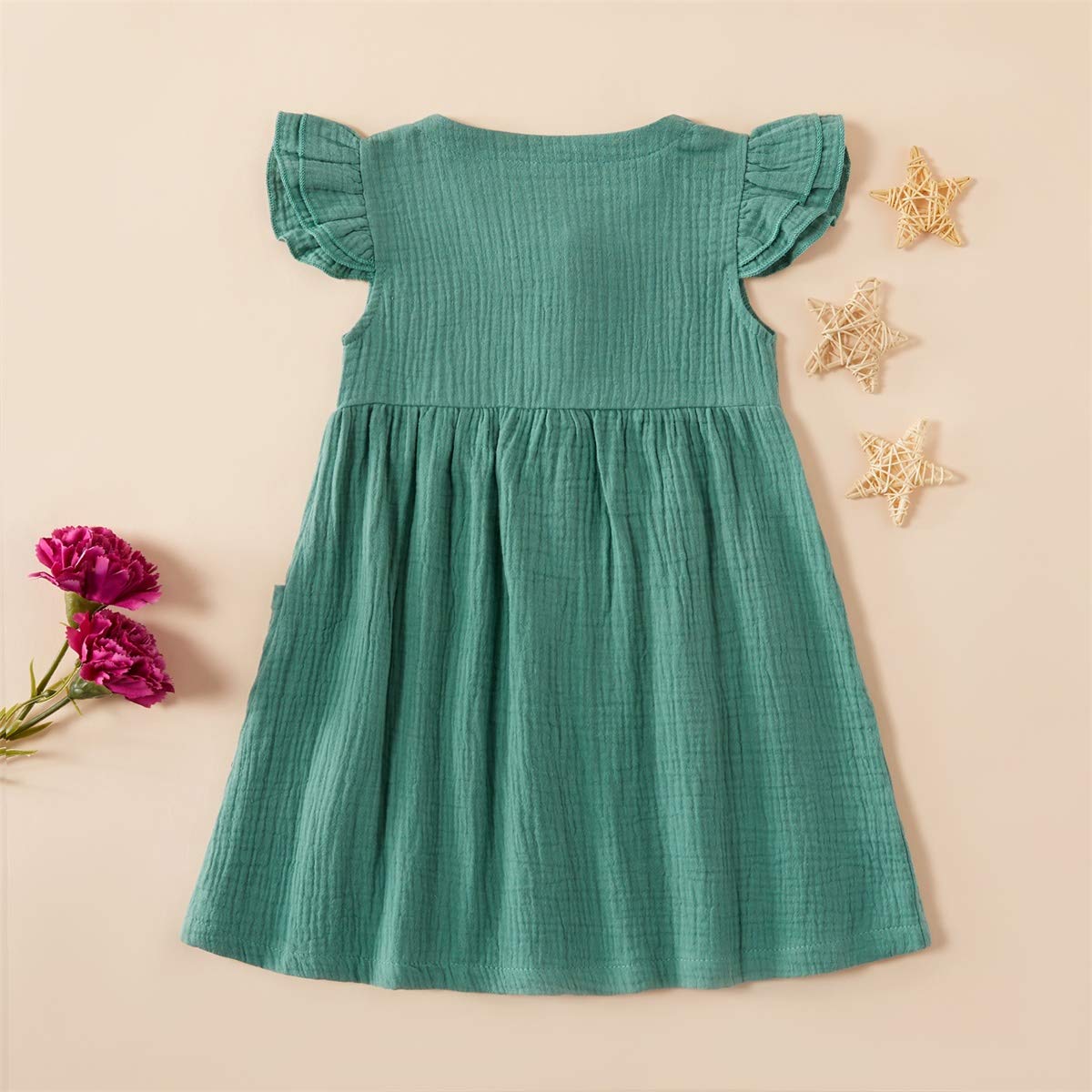 PATPAT Toddler Baby Girl Dress Summer Cotton Linen Dress Ruffle Sleeveless Casual Boho Outfits 5-6 Years Turquoise