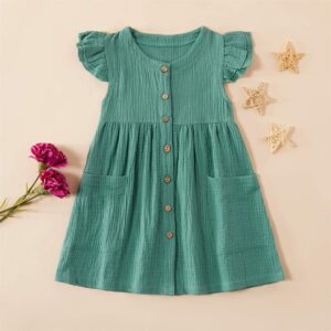 PATPAT Toddler Baby Girl Dress Summer Cotton Linen Dress Ruffle Sleeveless Casual Boho Outfits 5-6 Years Turquoise