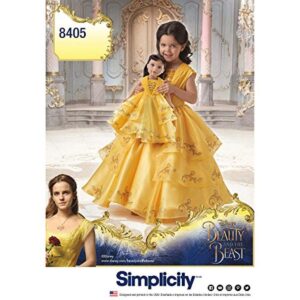 simplicity 8405, disney beauty and the beast princess belle costume for girls and 18'' dolls sewing pattern, sizes 3-8