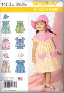 simplicity 1450 toddler girl's dress, shirt, underwear, and hat sewing patterns, sizes 1/2-4