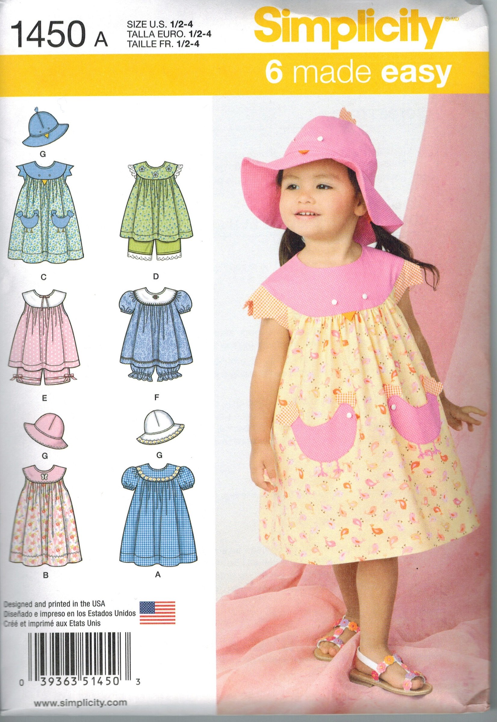 Simplicity 1450 Toddler Girl's Dress, Shirt, Underwear, and Hat Sewing Patterns, Sizes 1/2-4