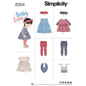 simplicity us8304a baby gear toddler's leggings, dress, bibs, and headband sewing patterns, sizes xxs-l