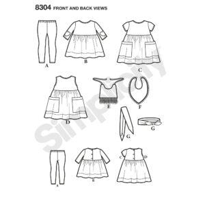 Simplicity US8304A Baby Gear Toddler's Leggings, Dress, Bibs, and Headband Sewing Patterns, Sizes XXS-L