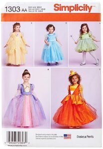 css industries, inc. simplicity 1303 girl's halloween costume princess dress sewing pattern, sizes 1/2-2, blue, yellow, green, purple, orange