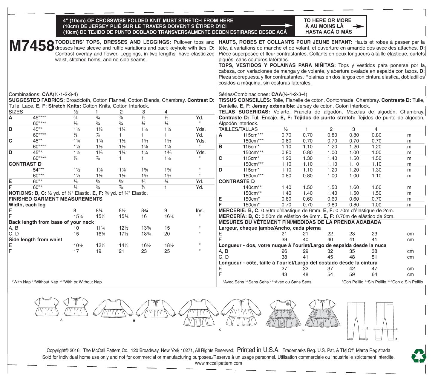 McCall's Patterns Toddlers' Gathered, Dresses and Leggings Tops