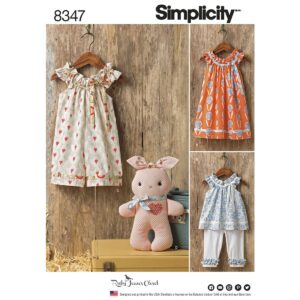 simplicity us8347a toddler's dress, knit capris, and stuffed animal sewing patterns, sizes 1/2-4