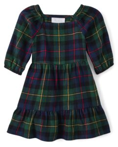 the children's place baby girl's and toddler short sleeve fashion dress, green plaid, 3t