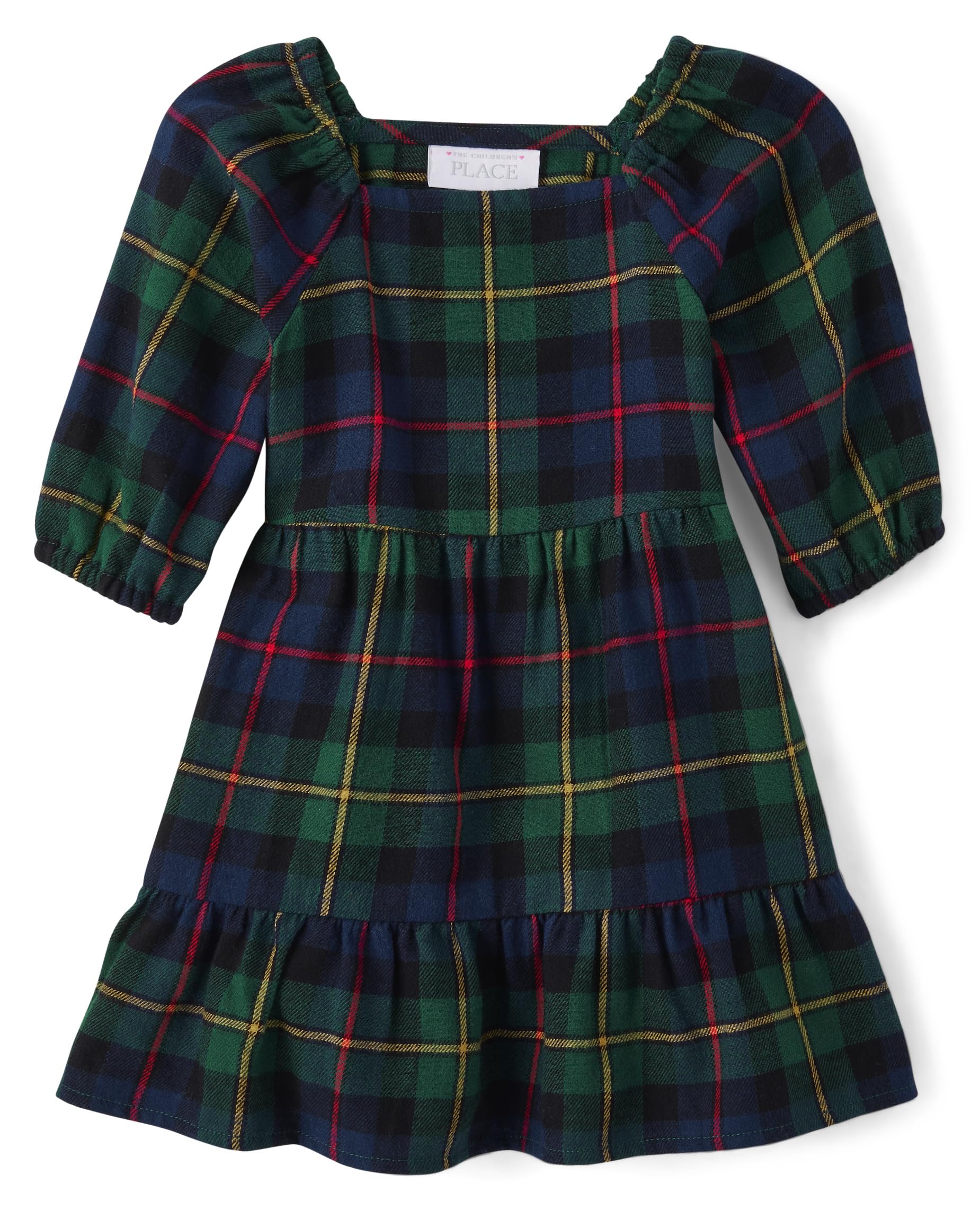 The Children's Place Baby Girl's and Toddler Short Sleeve Fashion Dress, Green Plaid, 3T