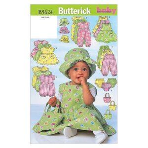 butterick patterns b5624 infants' dress, jumper, romper, jumpsuit, panties, hat and bag, size nb0 (nb-s-m)