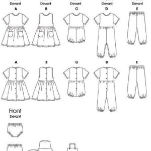 BUTTERICK PATTERNS B5624 Infants' Dress, Jumper, Romper, Jumpsuit, Panties, Hat and Bag, Size NB0 (NB-S-M)