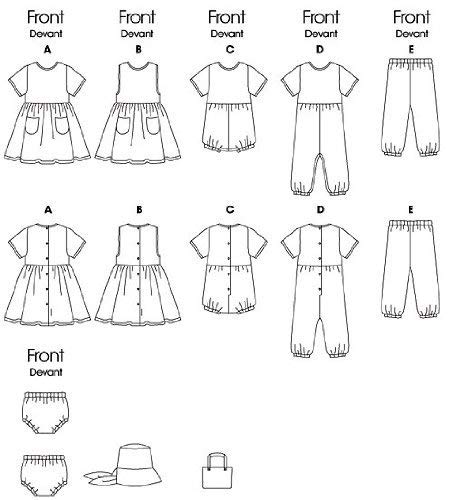 BUTTERICK PATTERNS B5624 Infants' Dress, Jumper, Romper, Jumpsuit, Panties, Hat and Bag, Size NB0 (NB-S-M)