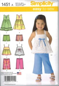 simplicity 1451 easy to sew toddler girl's dress, top, cropped pants, and shorts sewing patterns, sizes 1/2-4