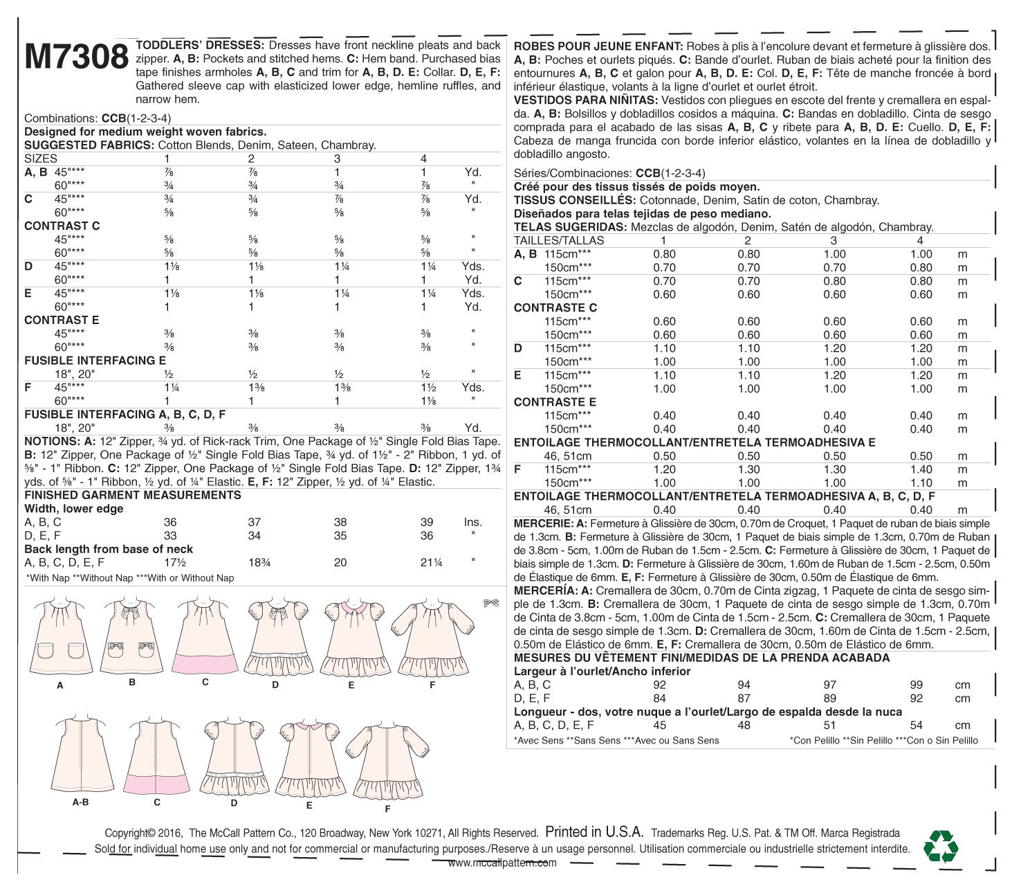 McCall's Patterns M7308 Toddlers' Tent Dresses, CCB