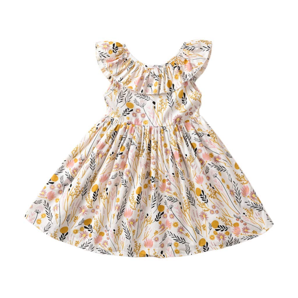 Toddler Baby Girl Sun Dress Wildflower Floral Seaside Beach Dress Overall Outfits Onepiece(Yellow,80/1-2T)