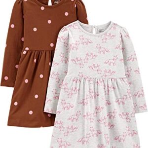 Simple Joys by Carter's Girls' 2-Pack Long-Sleeve Dress Set, Brown Dots/Grey Heather Fox, 5T