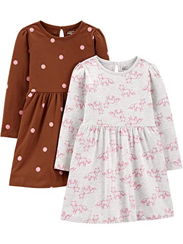 Simple Joys by Carter's Girls' 2-Pack Long-Sleeve Dress Set, Brown Dots/Grey Heather Fox, 5T