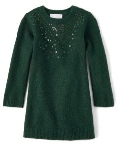 the children's place baby girls' and toddler sweater dress, forest green, 4t