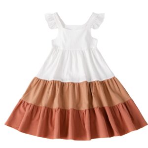 Verdusa Toddler Girl's Colorblock Ruffle Hem A Line Square Neck Sleeveless Mini Dress White Brown 120