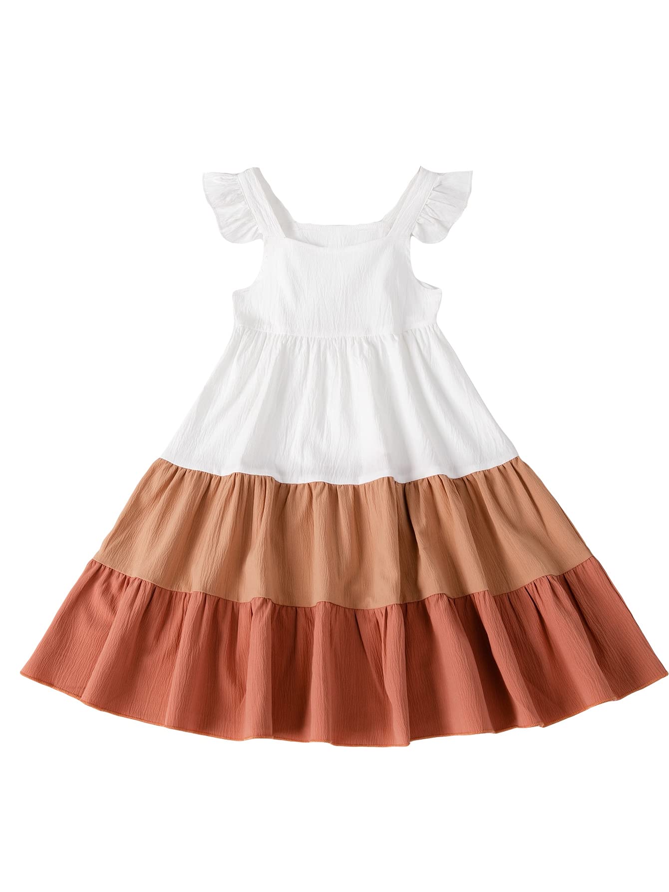 Verdusa Toddler Girl's Colorblock Ruffle Hem A Line Square Neck Sleeveless Mini Dress White Brown 120