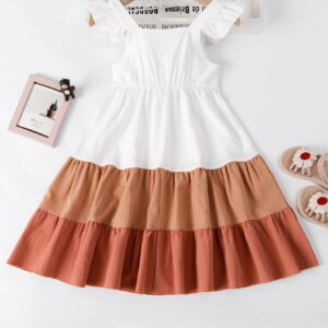 Verdusa Toddler Girl's Colorblock Ruffle Hem A Line Square Neck Sleeveless Mini Dress White Brown 120