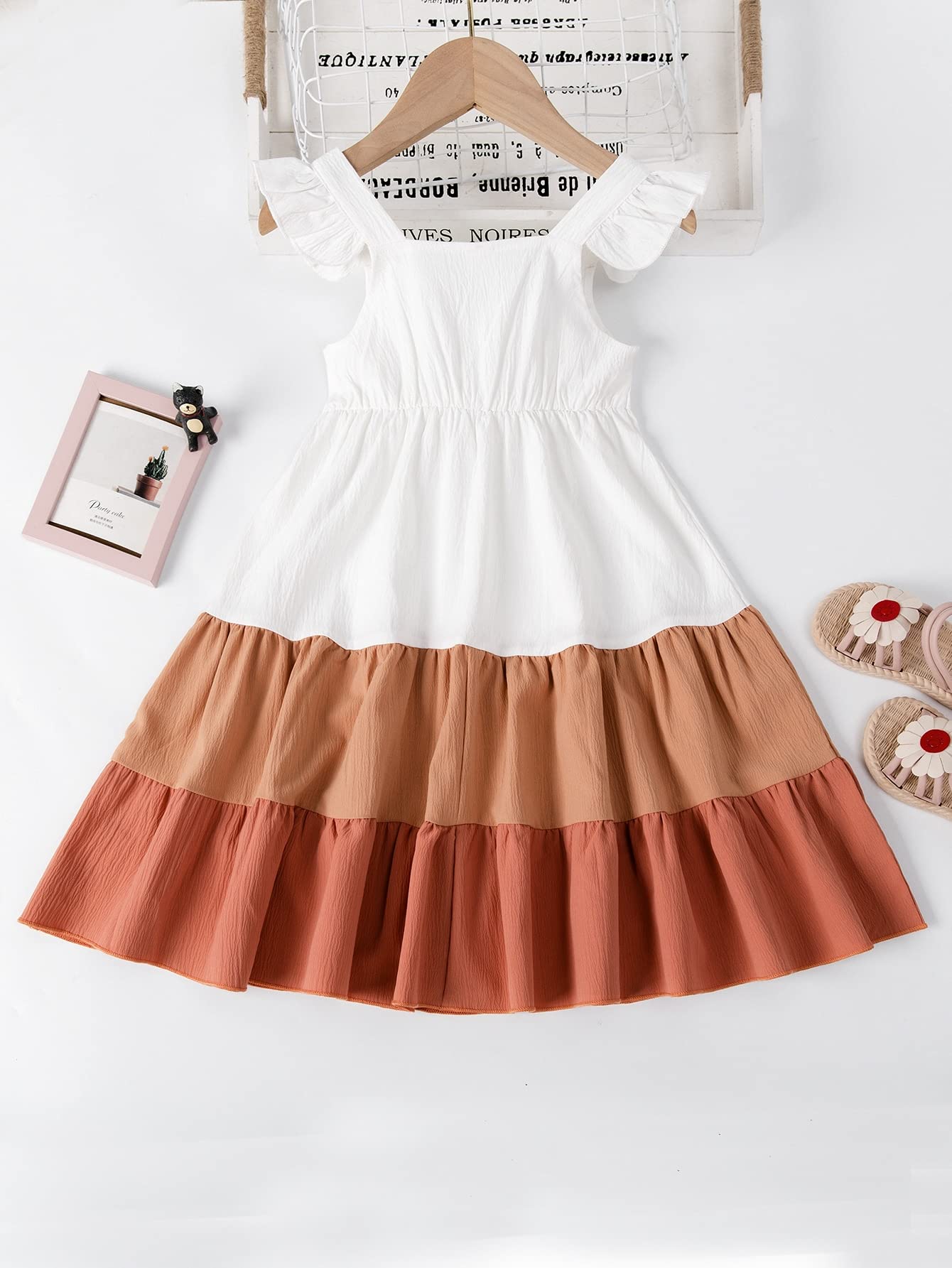 Verdusa Toddler Girl's Colorblock Ruffle Hem A Line Square Neck Sleeveless Mini Dress White Brown 120