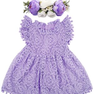 BGFKS Baby Girl Tutu Dress Elegant Lace Pom Pom Flutter Sleeve with Flower Headband Set(Purple,3T)