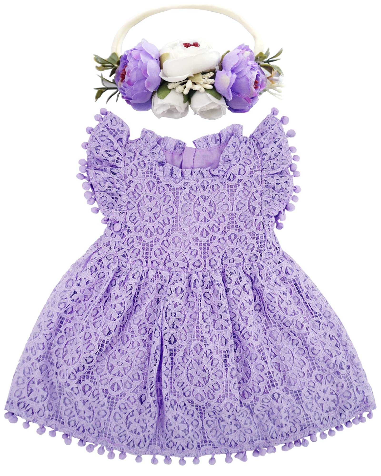 BGFKS Baby Girl Tutu Dress Elegant Lace Pom Pom Flutter Sleeve with Flower Headband Set(Purple,3T)