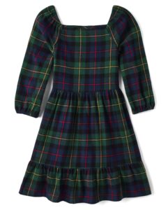 the children's place girls' long sleeve dress, green plaid, small