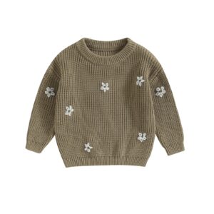 toddler baby girl boy knit sweater round neck long sleeve pullover sweatshirt fall winter clothes (flower khaki, 2-3 years)