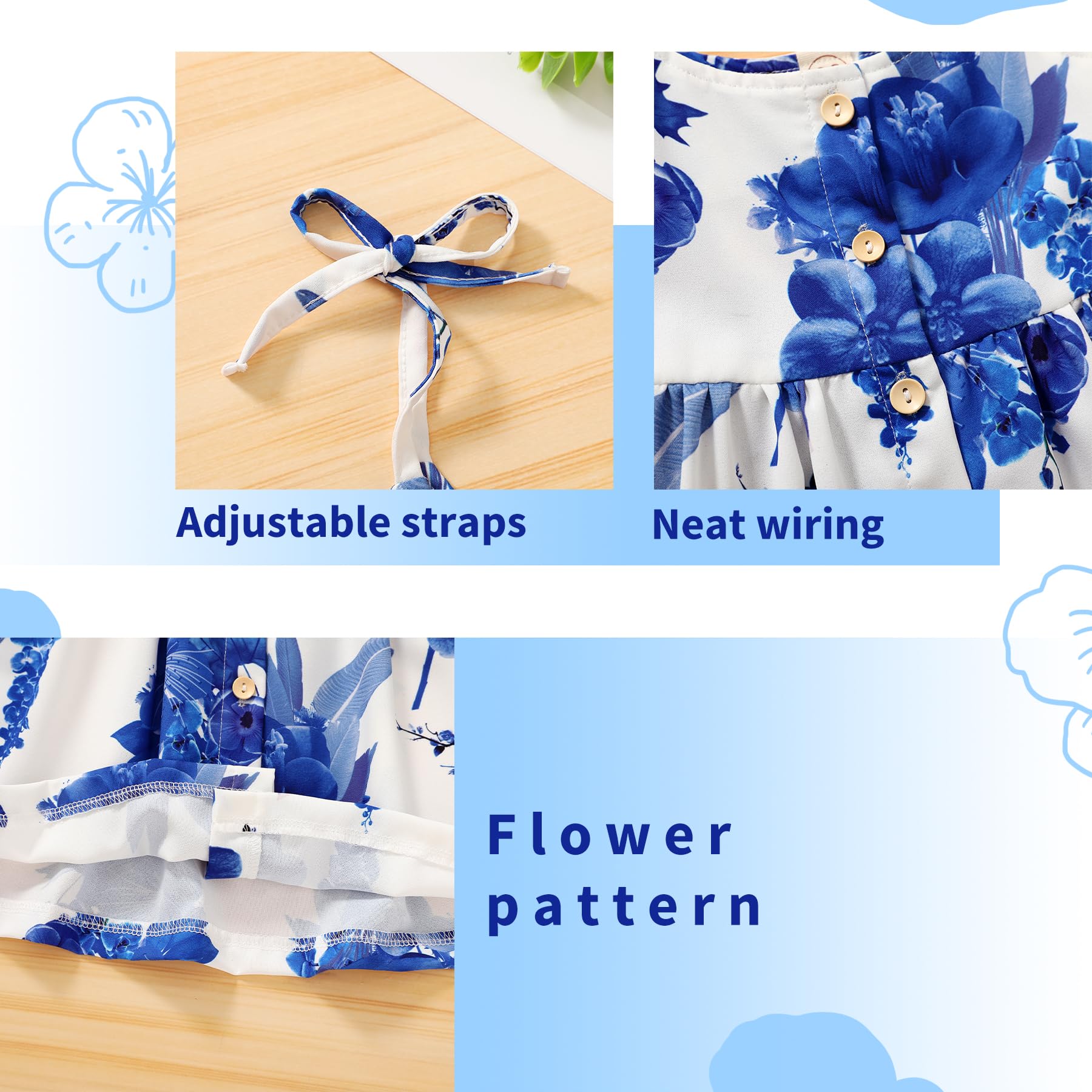 YOUNGER TREE 1-5T Toddler Kids Girls Summer Dress Sling Blue Floral Casual Dress Pattern Girls Party Dress Sleeveless (2-3T, Blue flora strap dress, 2_years)