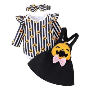 toddler girl long sleeve striped pumpkin pattern dress with headbands suit for 0 to 18 months baby (black, 9-12 months)