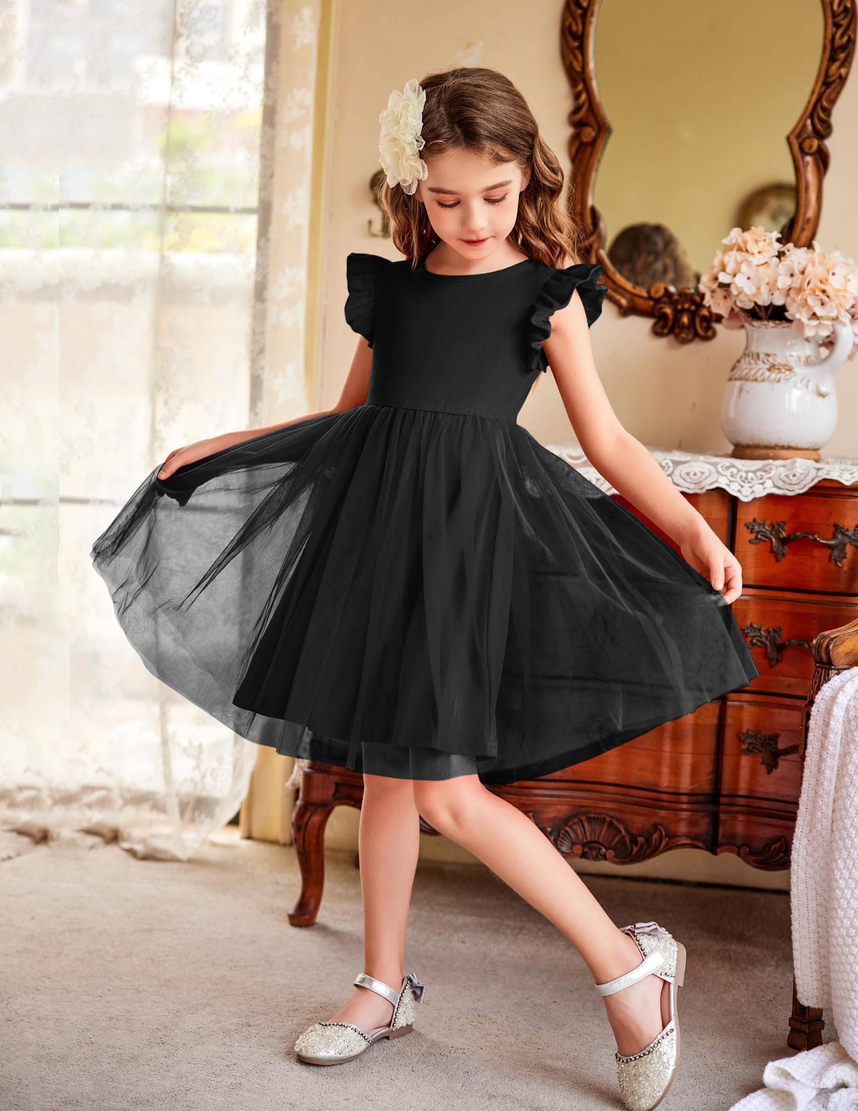 Arshiner Girls' Tulle Sundress Summer Flower Princess Wedding Dress for Toddler Girl (Black, 2T)