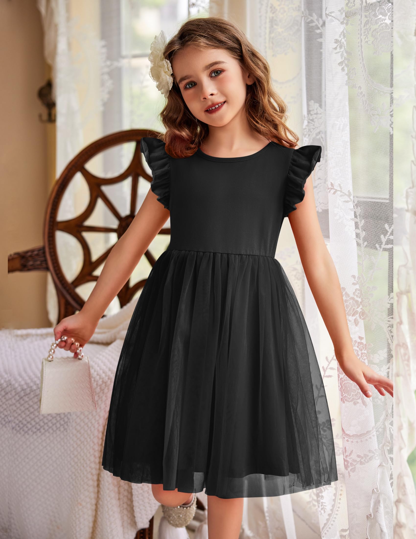 Arshiner Girls' Tulle Sundress Summer Flower Princess Wedding Dress for Toddler Girl (Black, 2T)