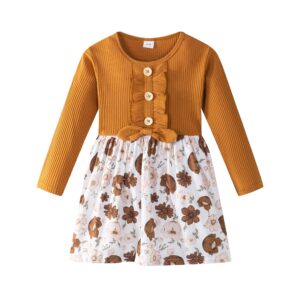 patpat baby toddler floral print bowknot dress colorblock round neck long sleeves fall dress for girls 5-6 years