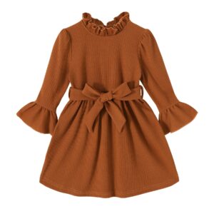 toddler baby girl fall winter dress long sleeve turtleneck tunic vintage sweater dress for kids ribbed knit little girl dresses with belt skirts outfits set(brown,4-5t)