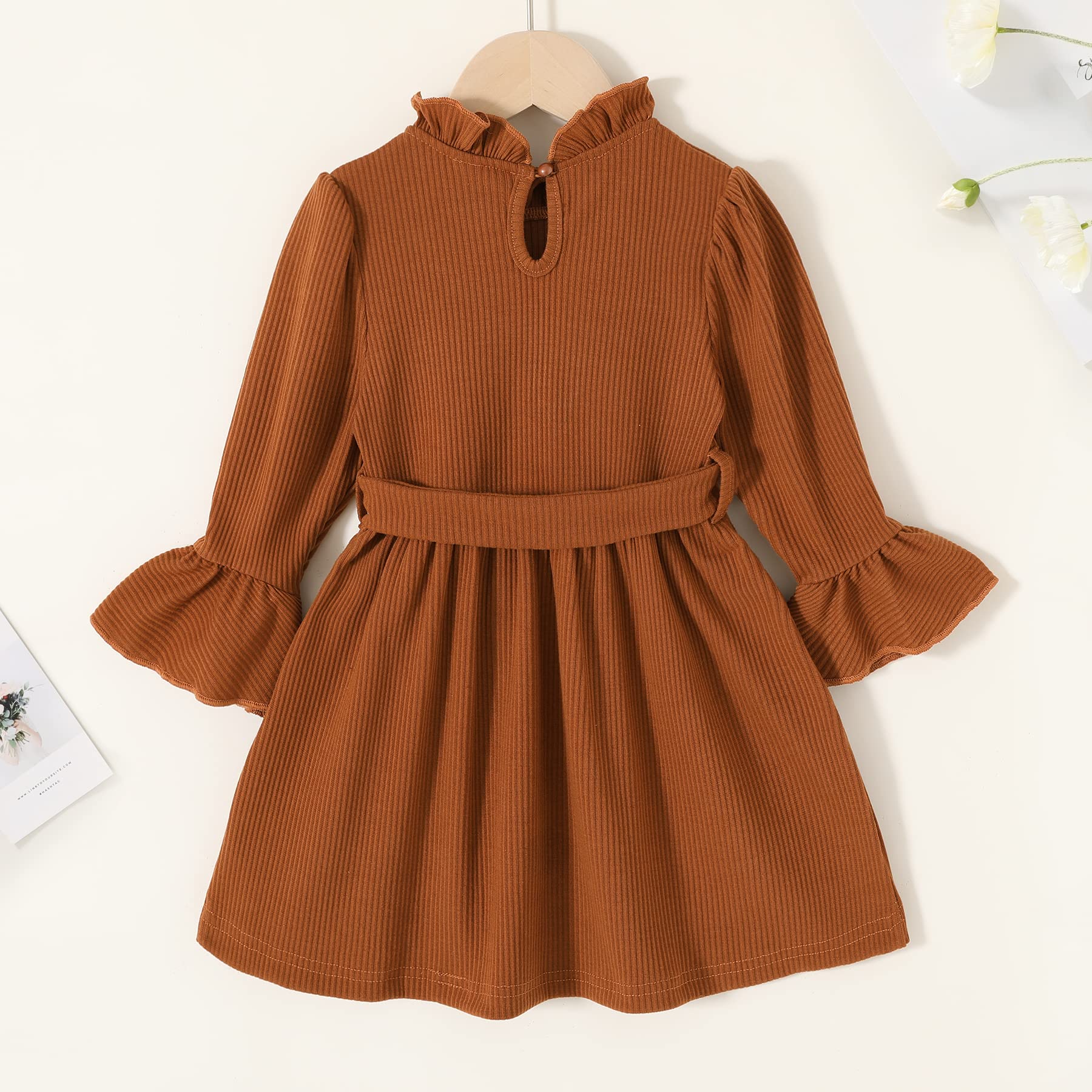 Toddler Baby Girl Fall Winter Dress Long Sleeve Turtleneck Tunic Vintage Sweater Dress for Kids Ribbed Knit Little Girl Dresses with Belt Skirts Outfits Set(Brown,4-5T)