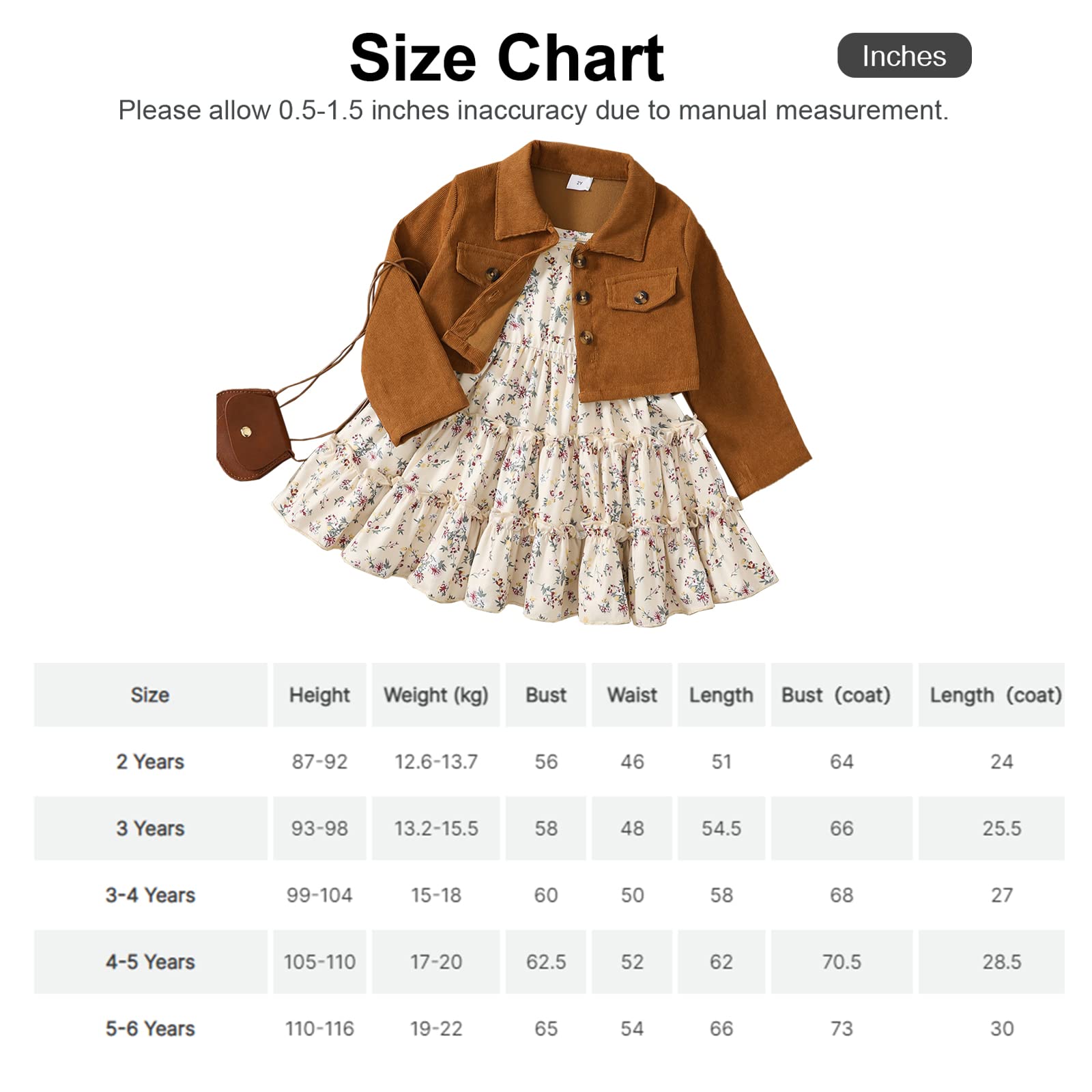 PATPAT Toddler Girls Dress 2PCS Toddler Girl Floral Print Cami Dress and Corduroy Jacket Set