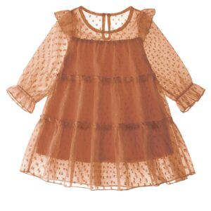 Glaoly Flower Girl Dress Summer A-Line Brown Ruffle Swiss Dot Mesh Flowy Chiffon Long Sleeve Princess Toddler Dress 5-6T