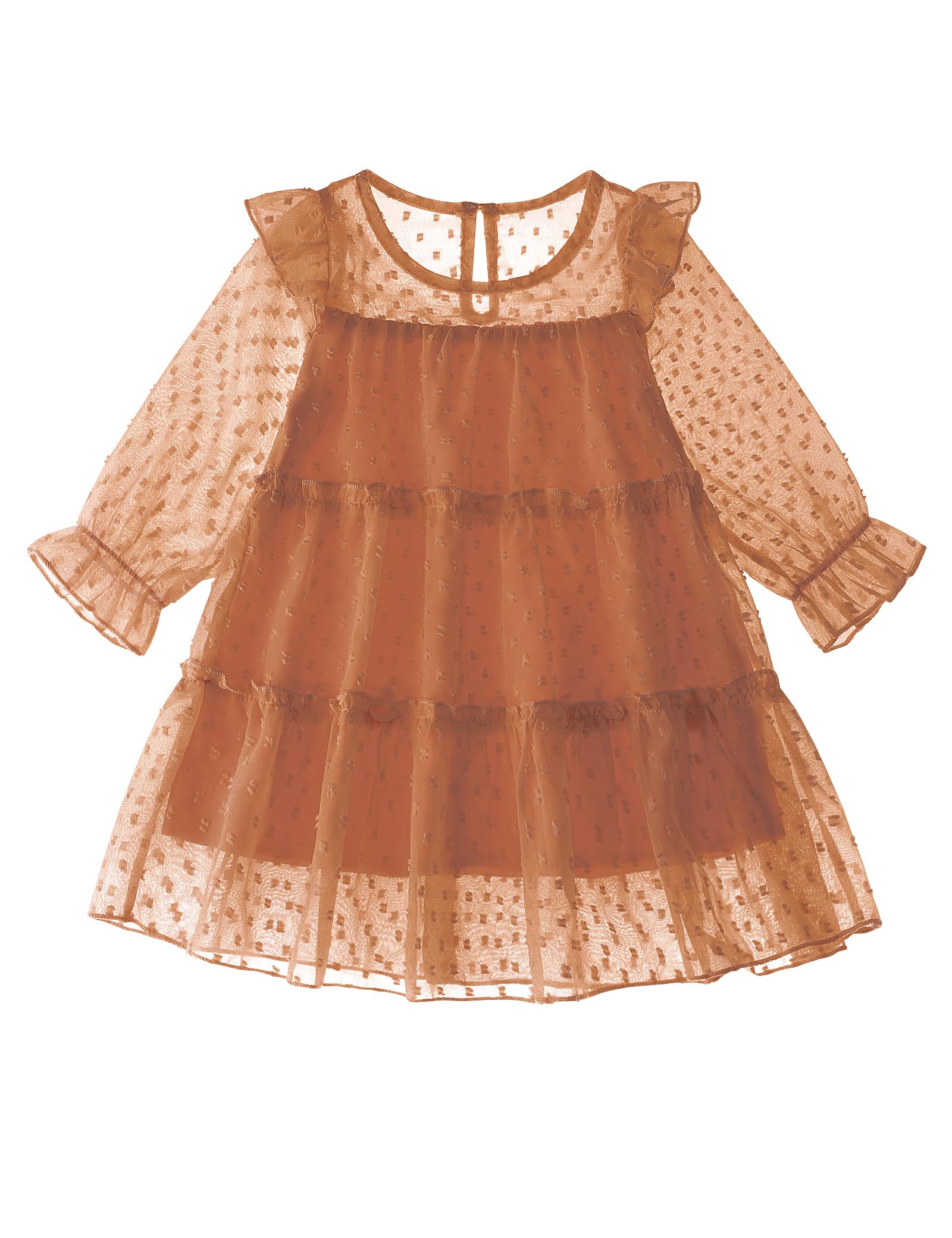 Glaoly Flower Girl Dress Summer A-Line Brown Ruffle Swiss Dot Mesh Flowy Chiffon Long Sleeve Princess Toddler Dress 5-6T