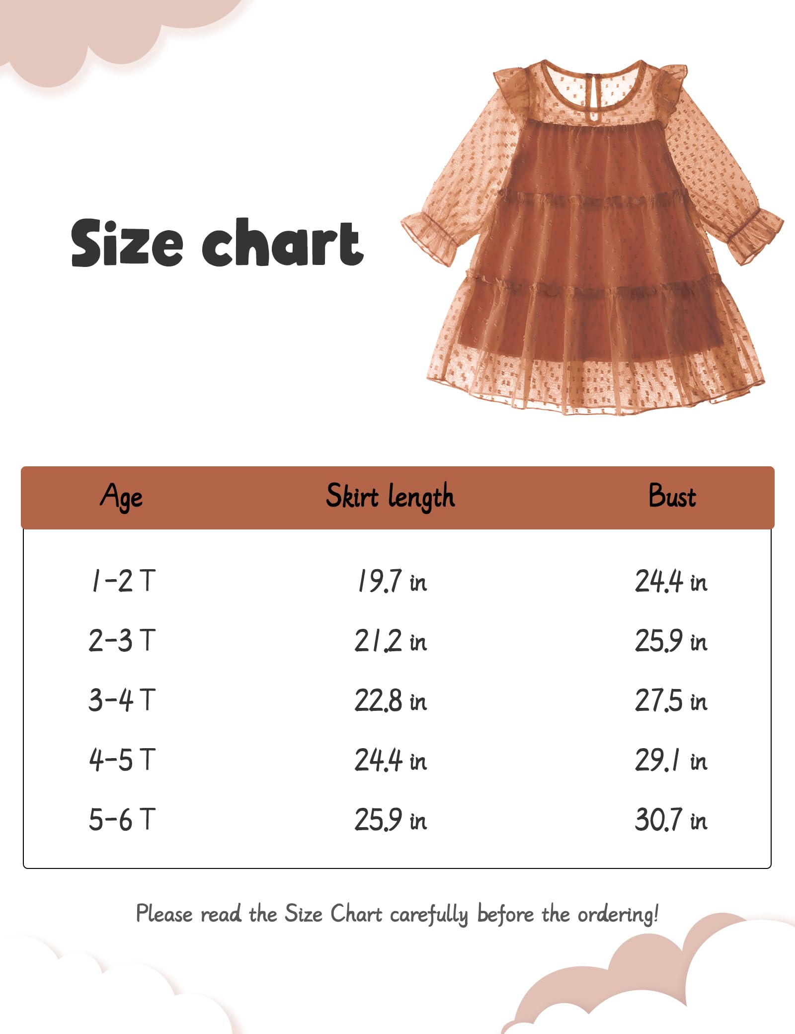 Glaoly Flower Girl Dress Summer A-Line Brown Ruffle Swiss Dot Mesh Flowy Chiffon Long Sleeve Princess Toddler Dress 5-6T