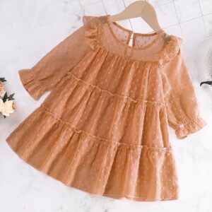 Glaoly Flower Girl Dress Summer A-Line Brown Ruffle Swiss Dot Mesh Flowy Chiffon Long Sleeve Princess Toddler Dress 5-6T