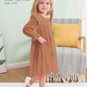 Glaoly Flower Girl Dress Summer A-Line Brown Ruffle Swiss Dot Mesh Flowy Chiffon Long Sleeve Princess Toddler Dress 5-6T