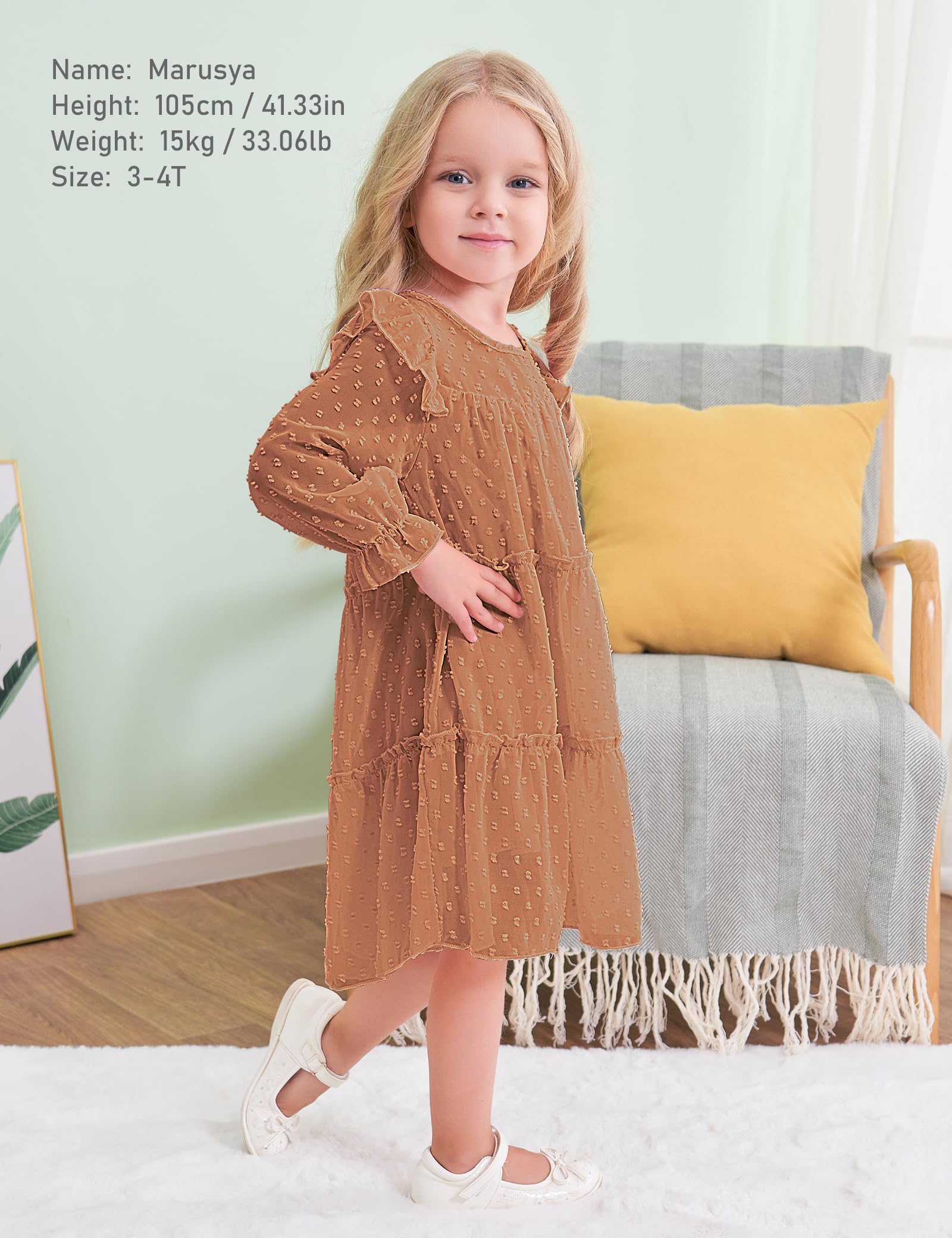 Glaoly Flower Girl Dress Summer A-Line Brown Ruffle Swiss Dot Mesh Flowy Chiffon Long Sleeve Princess Toddler Dress 5-6T